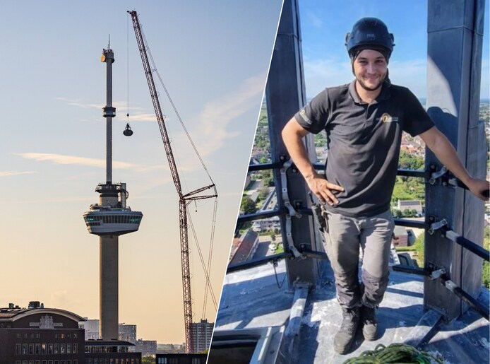 Bobby hing op 185 meter hoogte om logo’s van de Euromast te schroeven ...