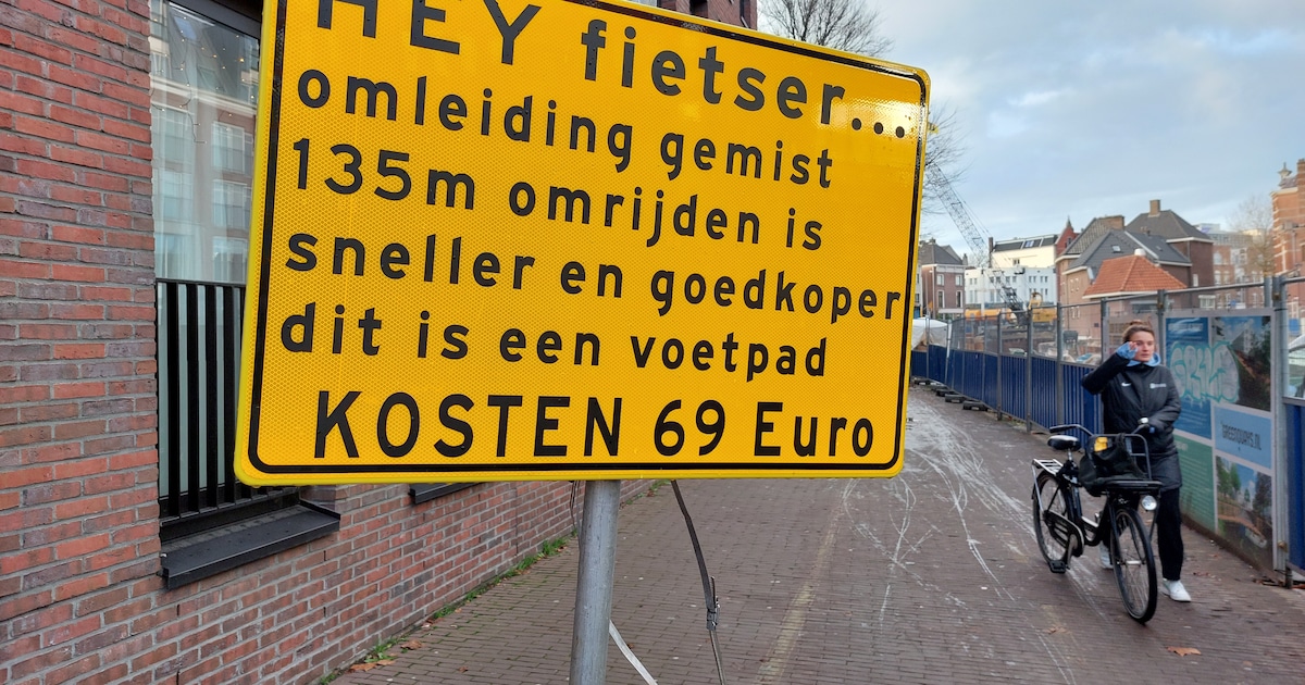 ‘HEY fietser...’, dit opvallende bord is het laatste redmiddel voor de ...